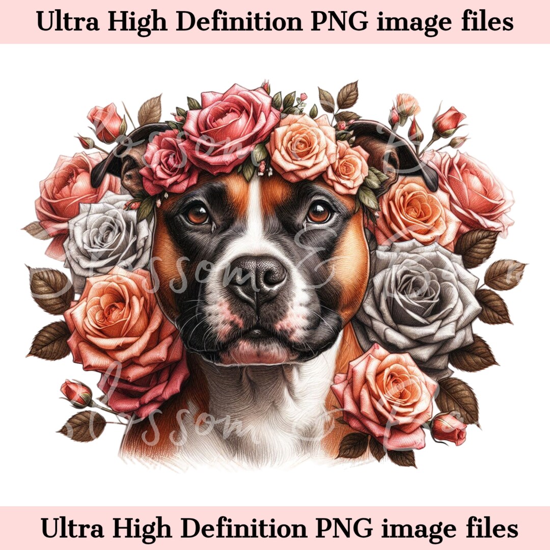 Digital American Staffordshire Terrier Dog Art - Cute Flower Staffy ...