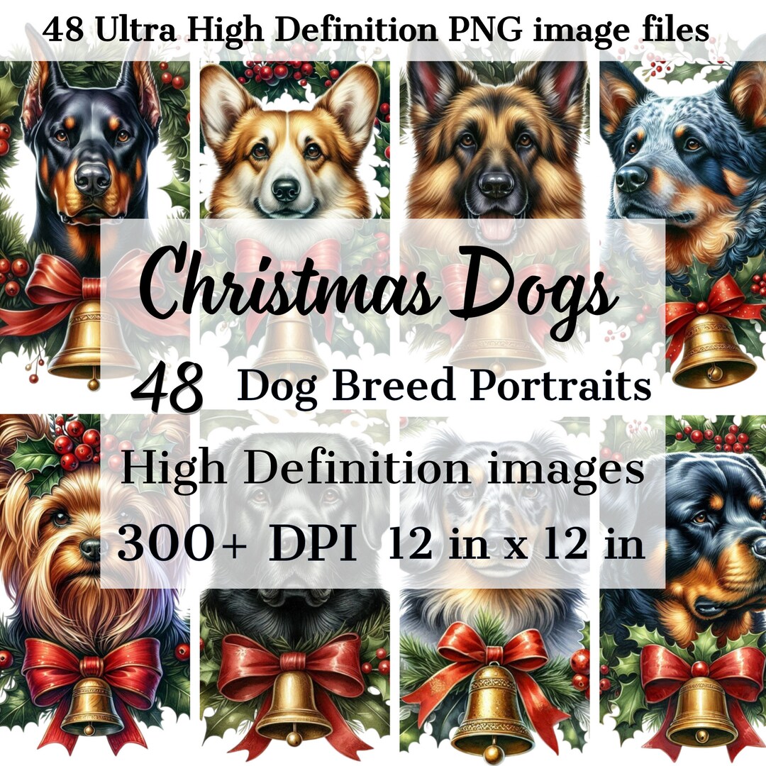 Digital Wreath Christmas Dog Bundle - Dog Breed Png Bundle - Holiday ...