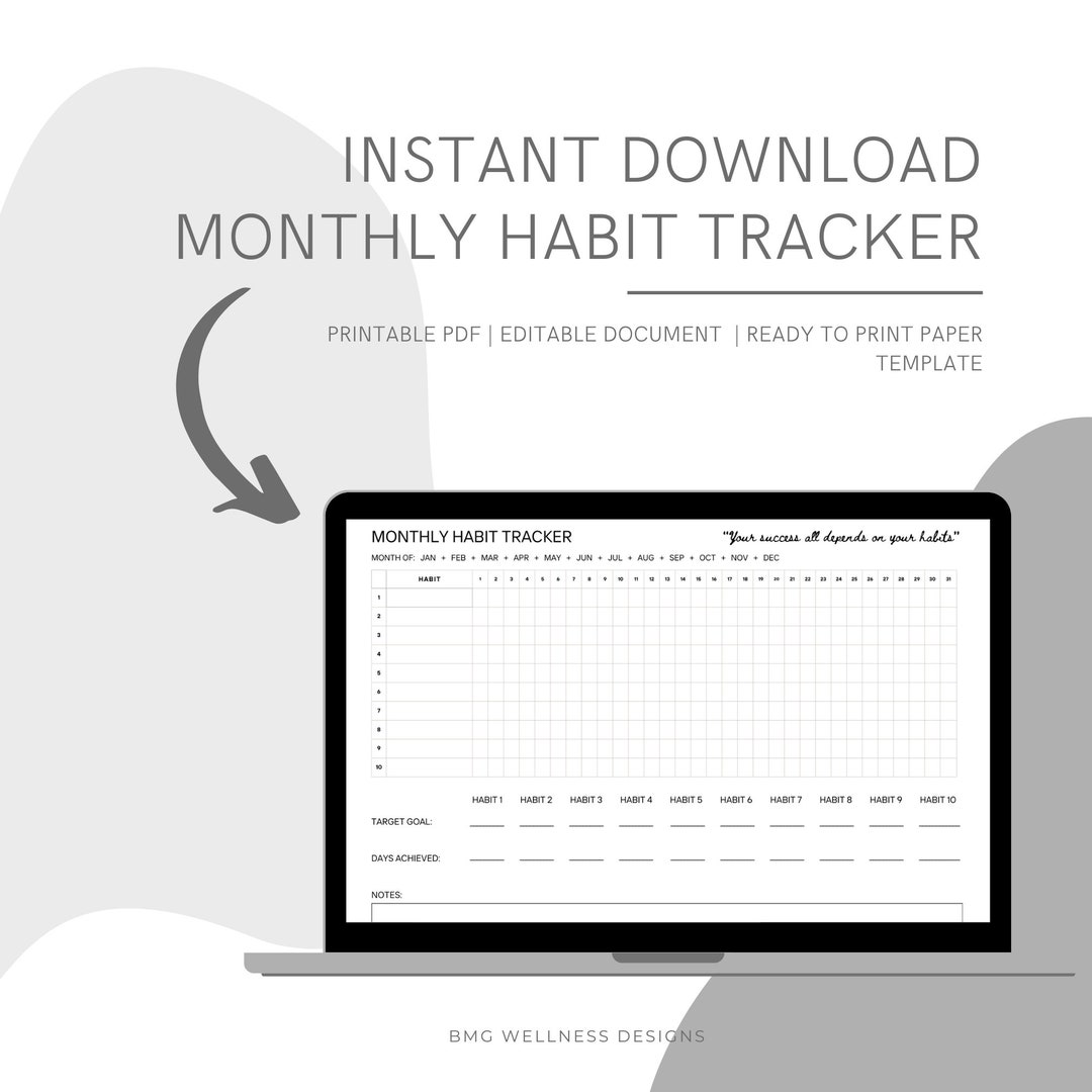Monthly Habit Tracker - Printable PDF, Editable Template, Printable ...
