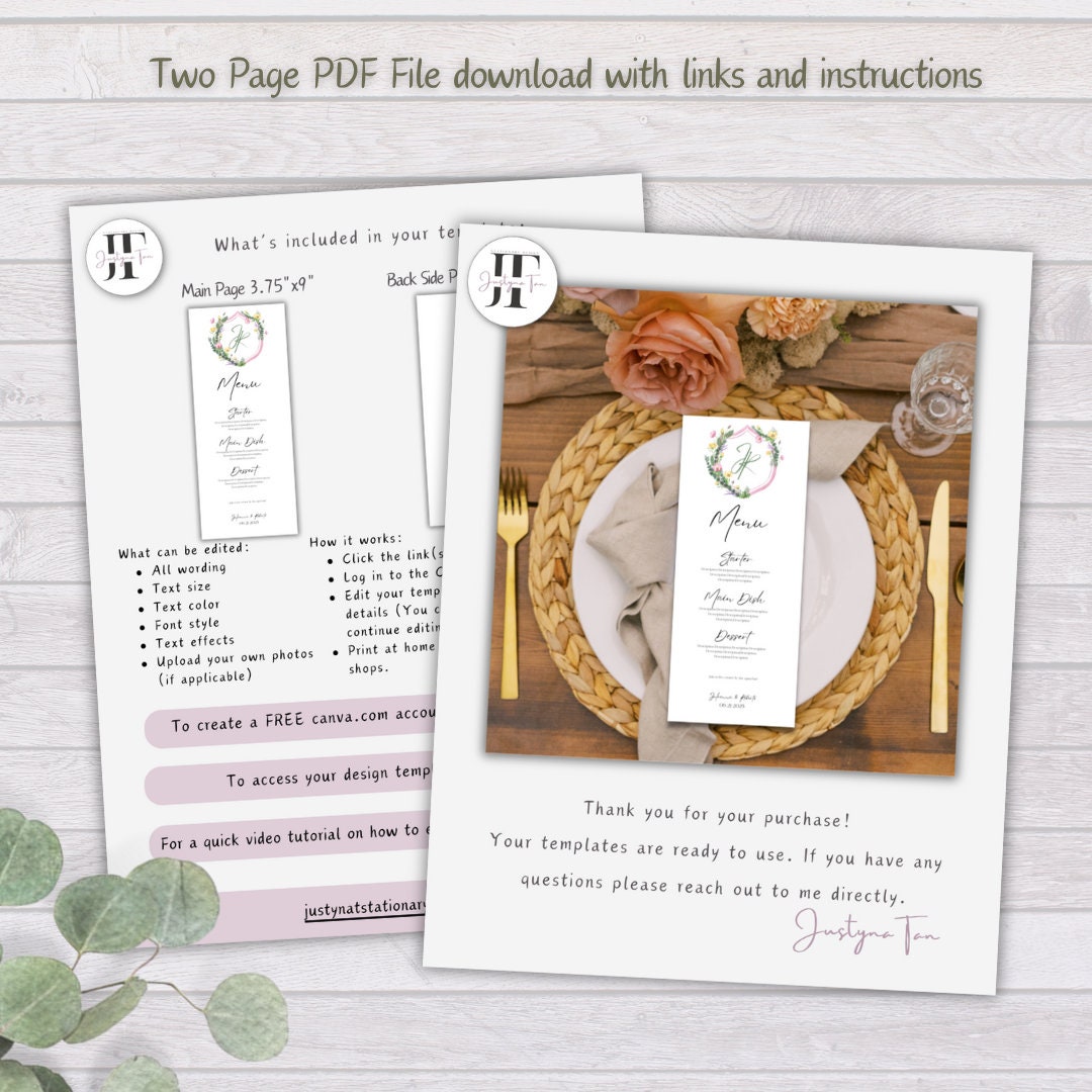 Instant Download Wedding / Party Menu Card / Flower / Crest / Editable ...