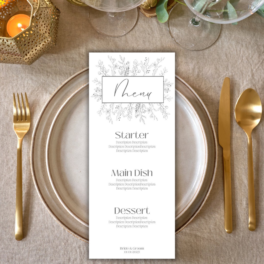 Instant Download - Wedding / Party Menu Card / Black & White / Flowers ...