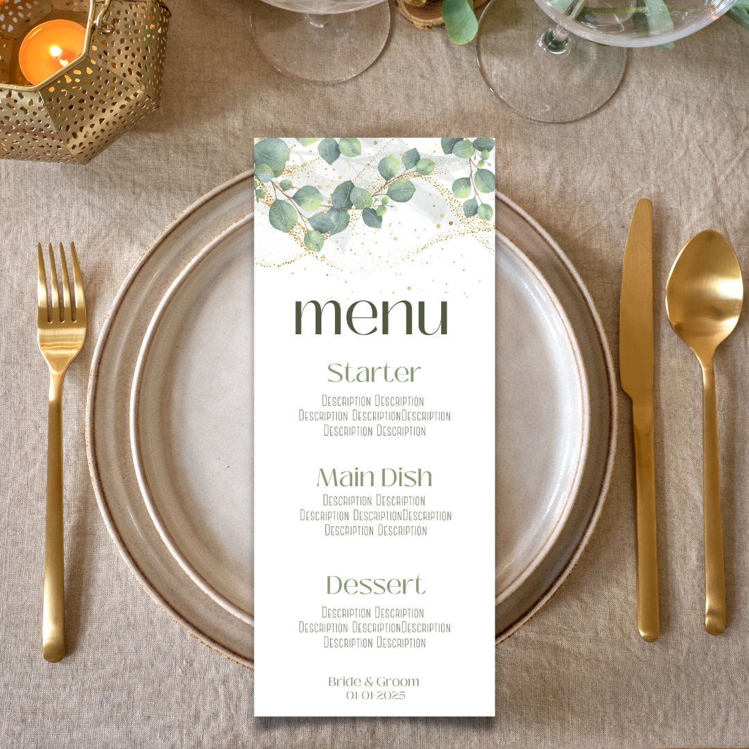 Instant Download - Wedding / Party Menu Card / Green / Gold Leaves ...