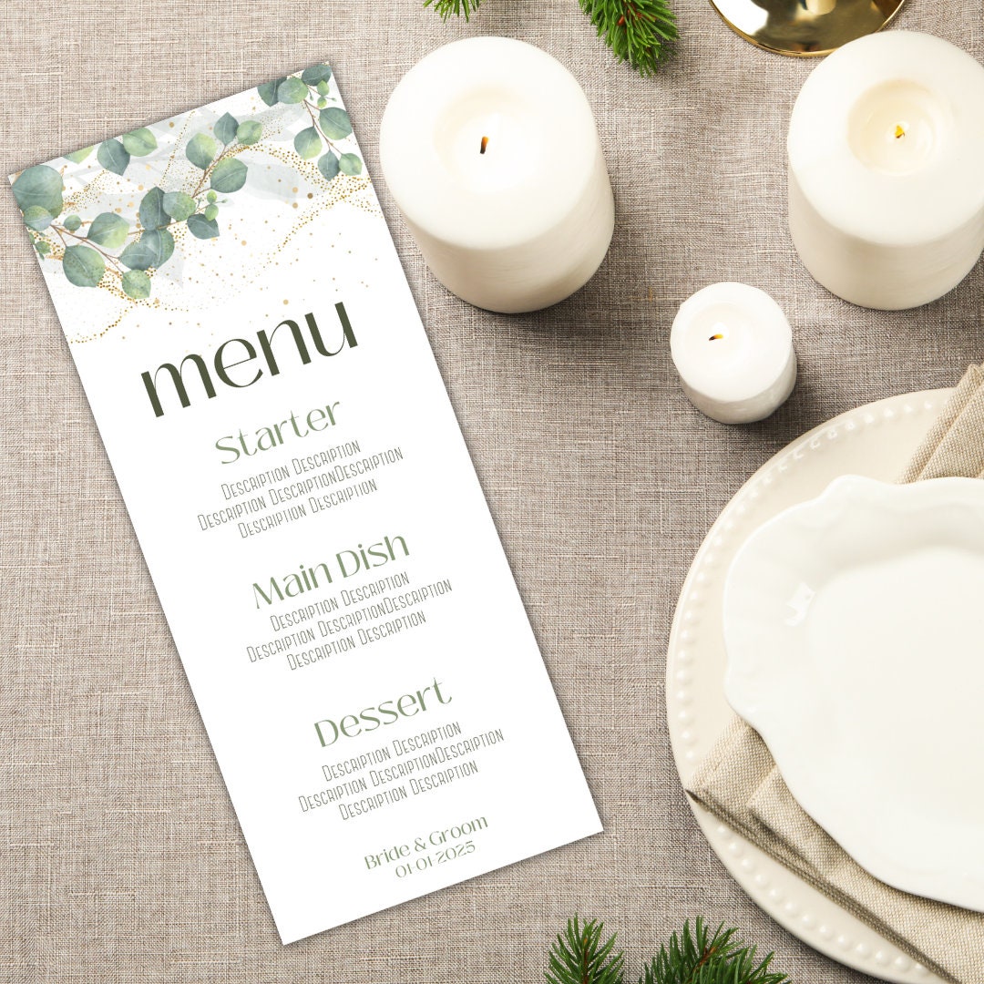 Instant Download Wedding / Party Menu Card / Green / Gold Leaves ...