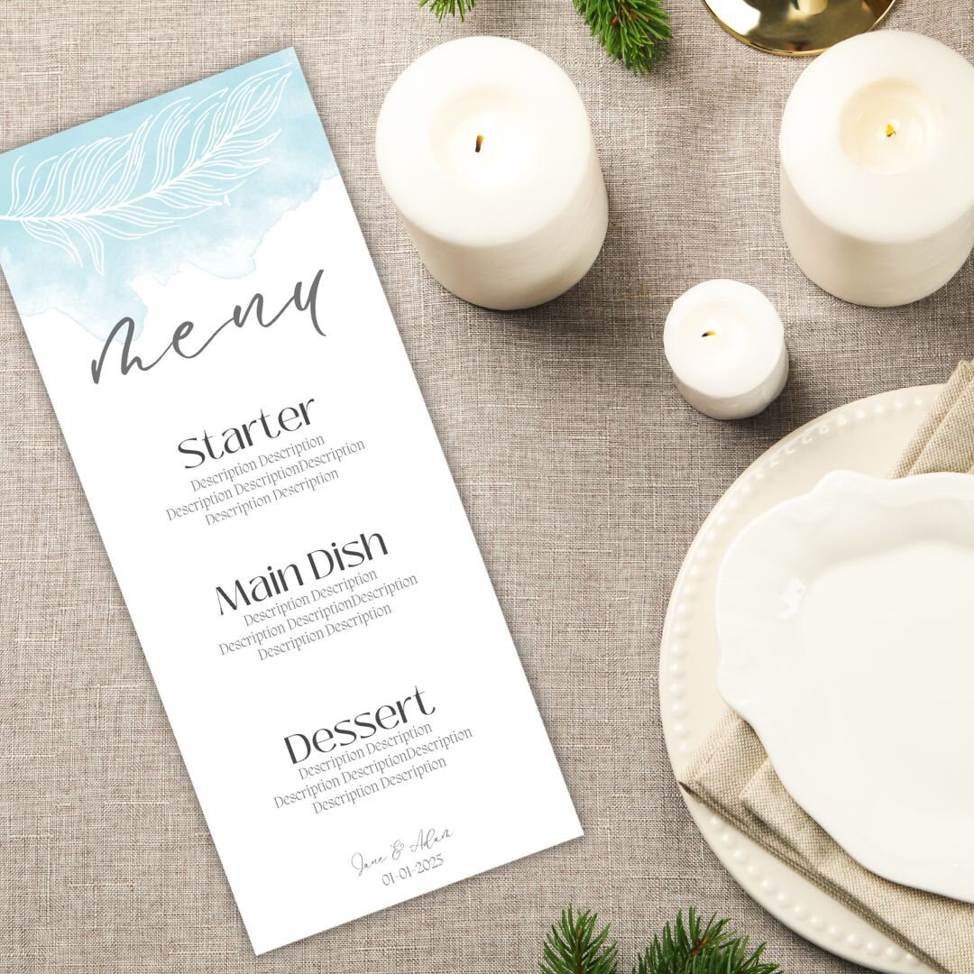 Instant Download - Wedding / Party Menu Card / Blue / Feather ...