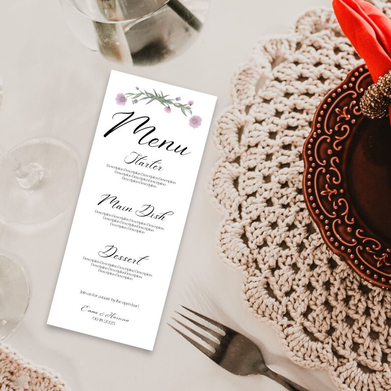 Instant Download - Wedding / Party Menu Card / Hand Painted Wildflowers ...