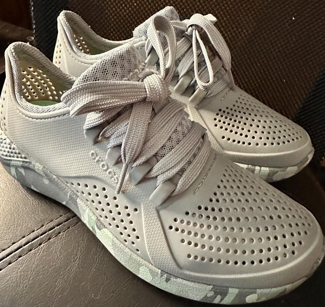 Women's Crocs Literide Camo Gray Blue Pacer Sneaker Lace up Shoe 206494 ...