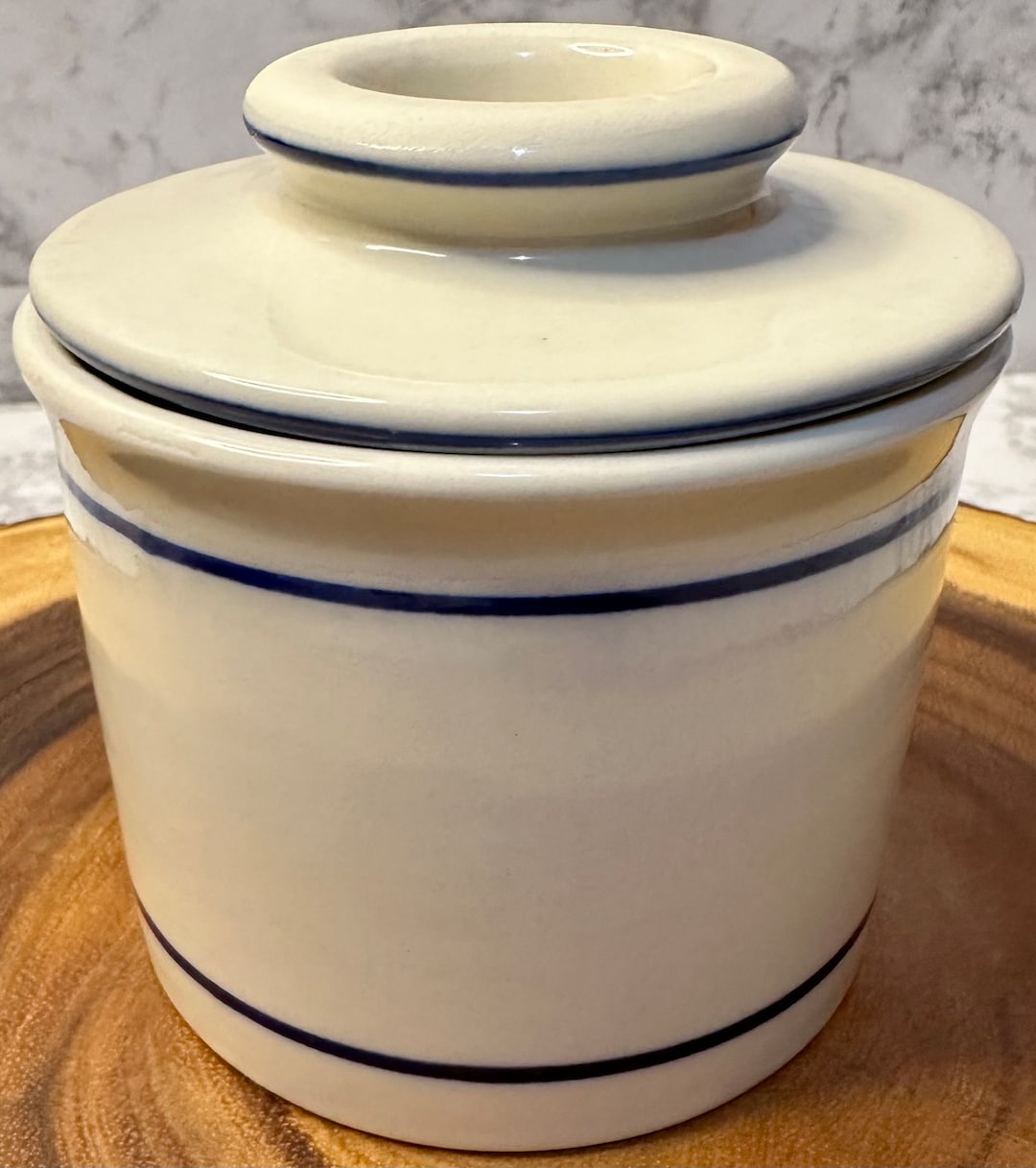 Norpro Glazed Stoneware Butter Keeper, White With Blue Stripe pre-owned ...