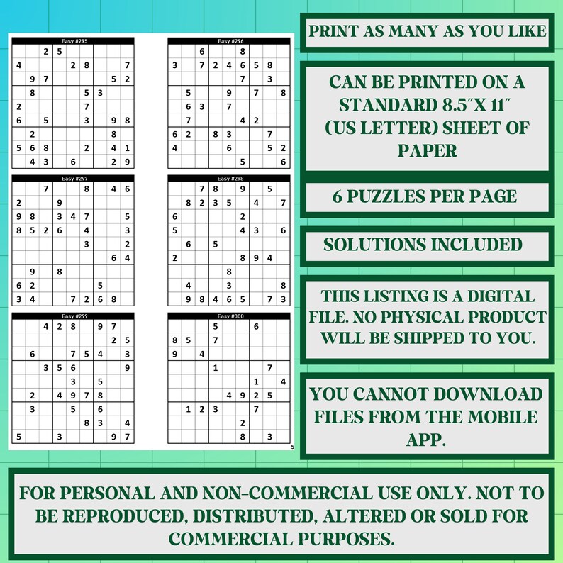 Easy Sudoku Puzzles - 300 Puzzles - 6 per Page - Solutions Included - 8 ...