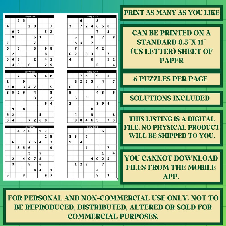 Easy Sudoku Puzzles 300 Puzzles 6 per Page Solutions Included 8.5x11 ...