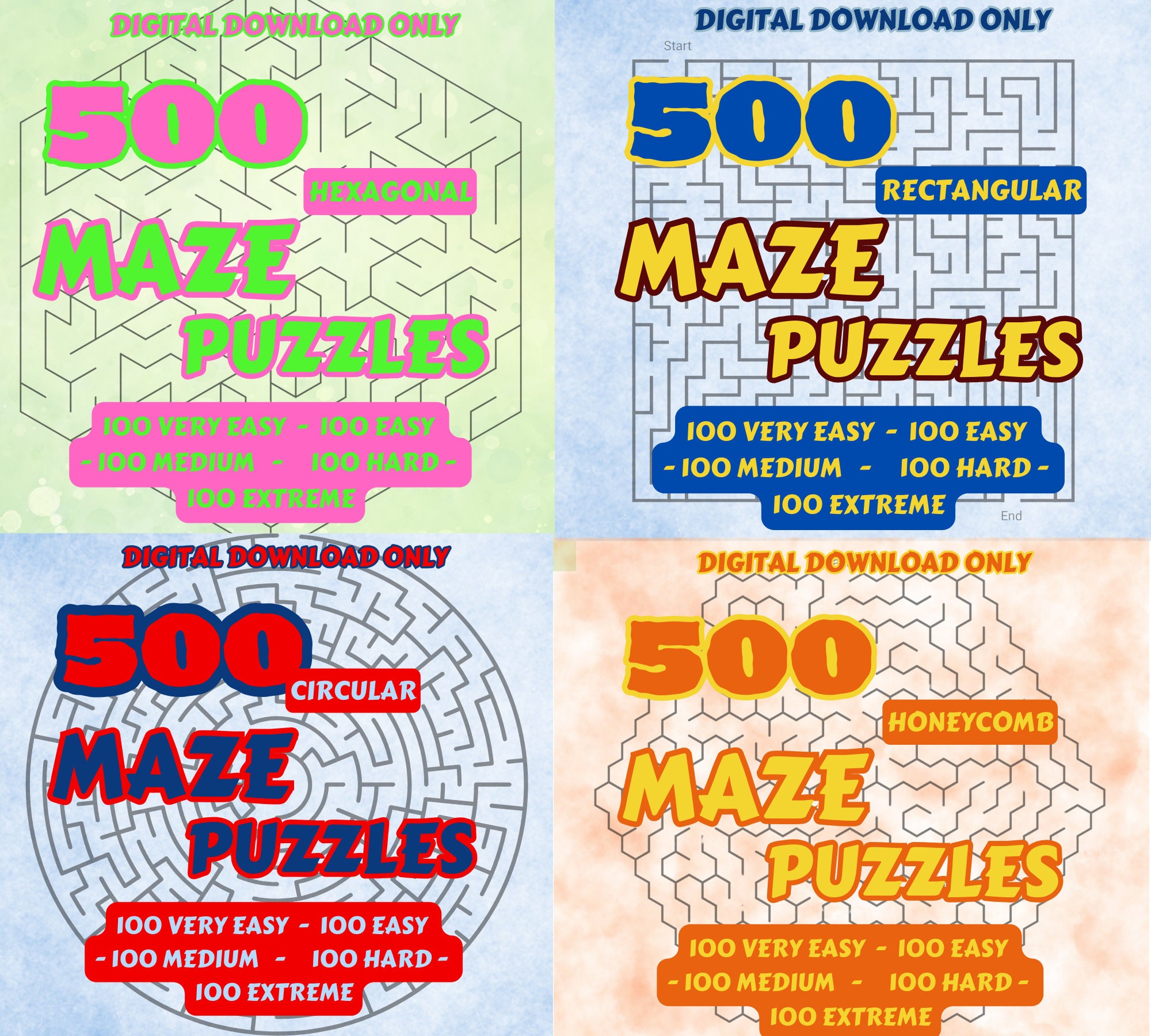 Mega Maze Puzzles Bundle |4 Different Shapes |2000 Puzzles for Kids and ...
