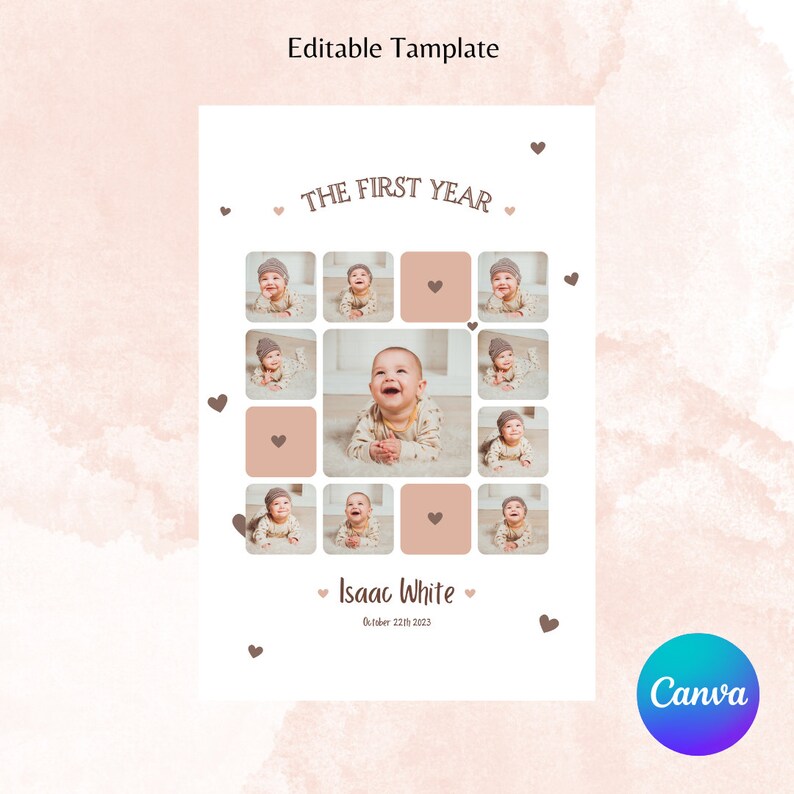 Cute First Birthday Photo Template, 1st Birthday Photo Poster, Baby's ...