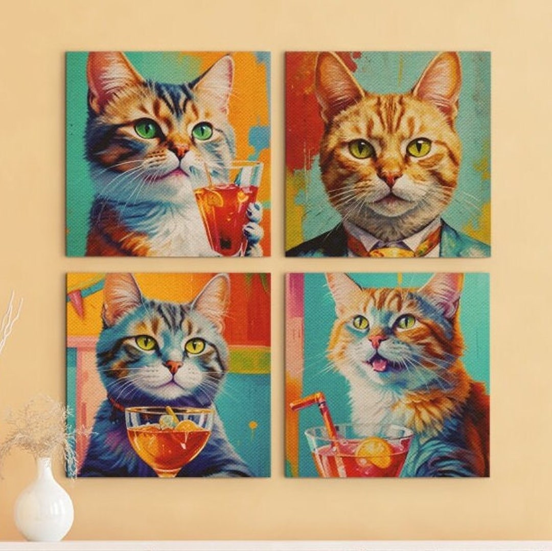Set of 4 Charming Cat Bartender Art Print - Vintage Style Feline With ...