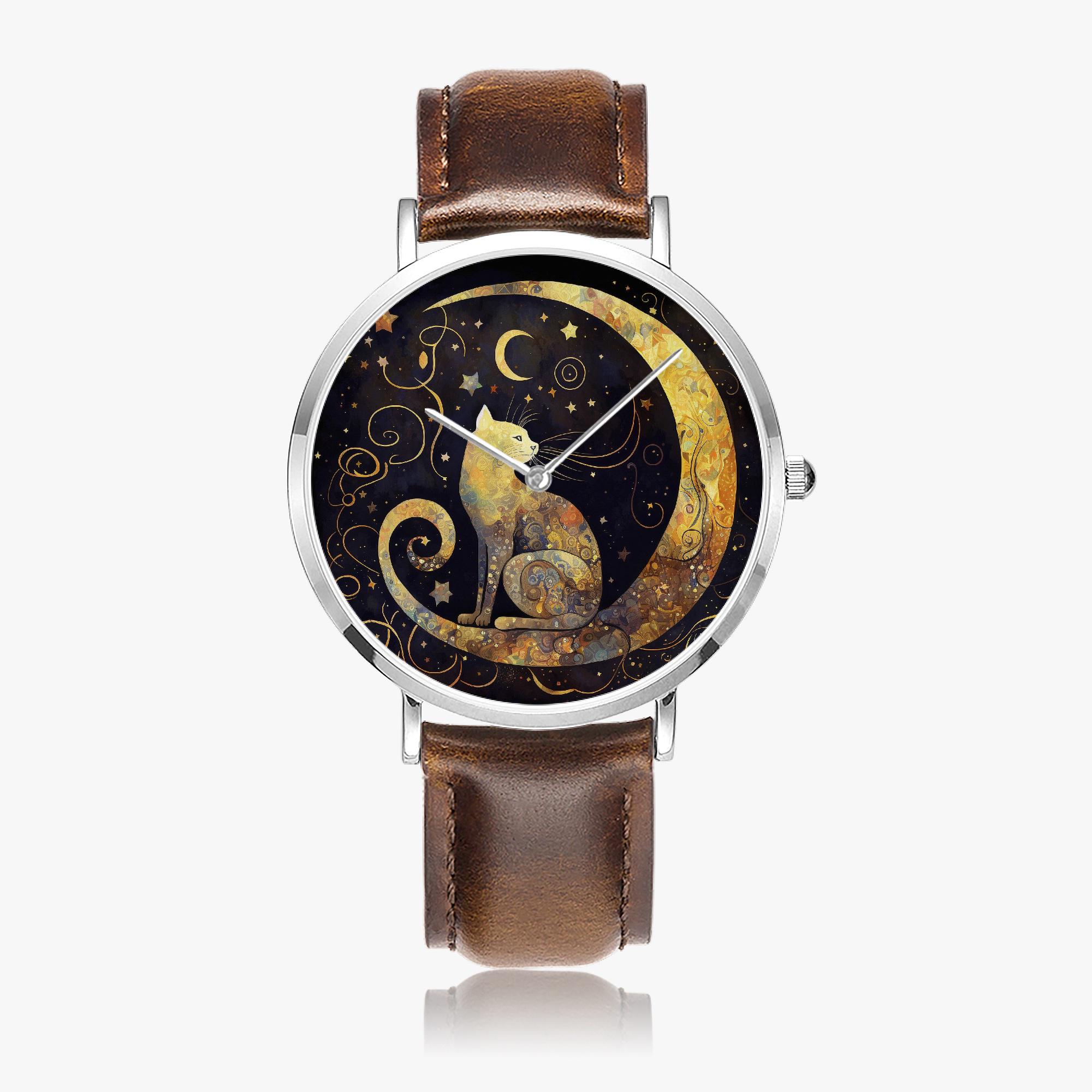 Moony Cat - Ultra-thin Leather Strap Quartz Watch (silver) - Etsy