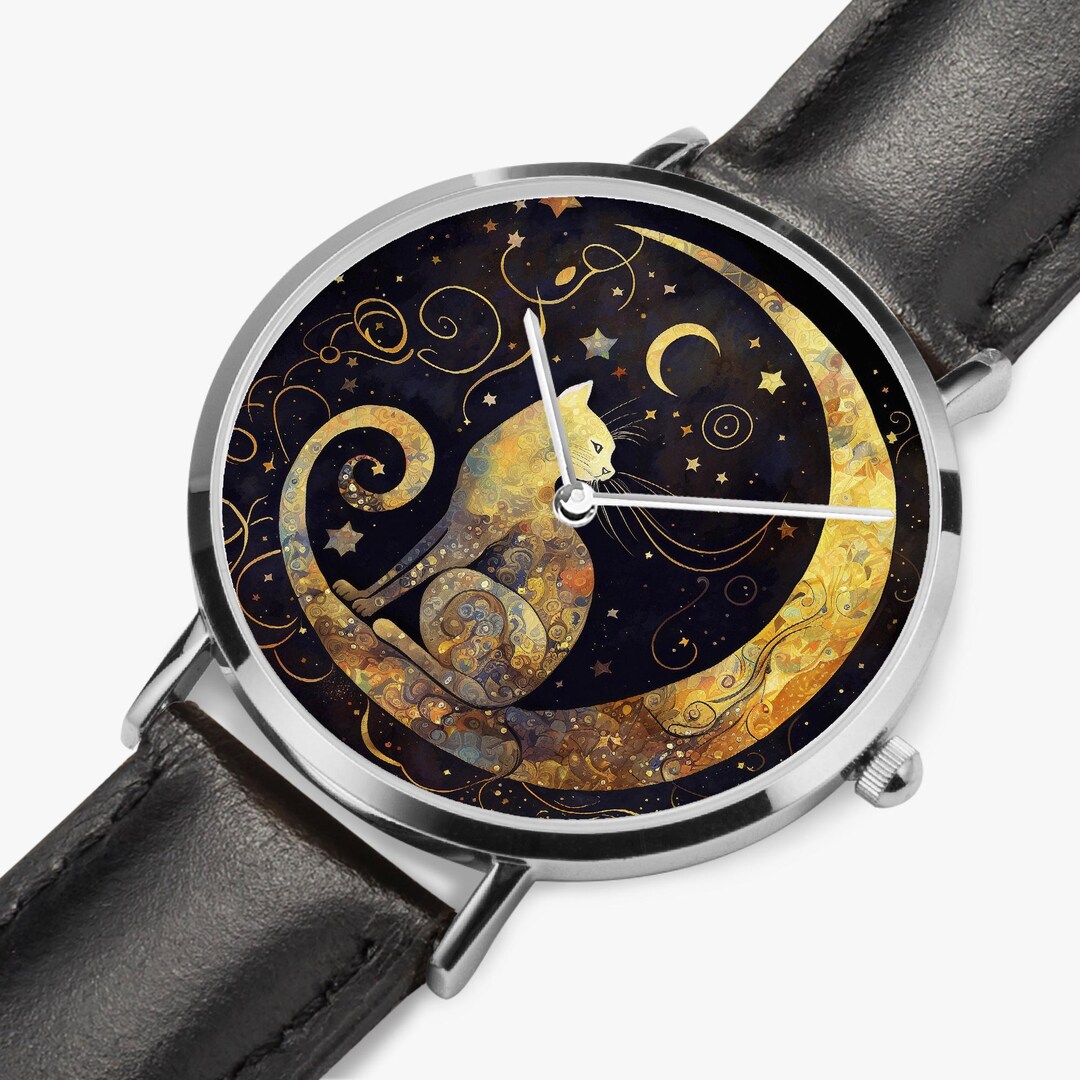 Moony Cat - Ultra-thin Leather Strap Quartz Watch (silver) - Etsy