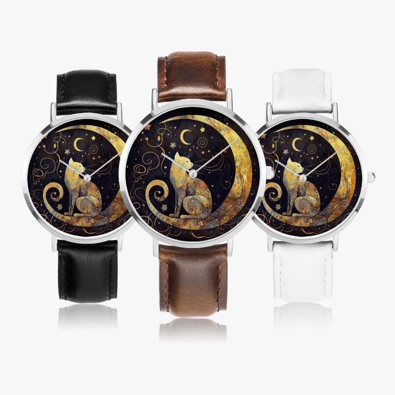 Moony Cat - Ultra-thin Leather Strap Quartz Watch (silver) - Etsy