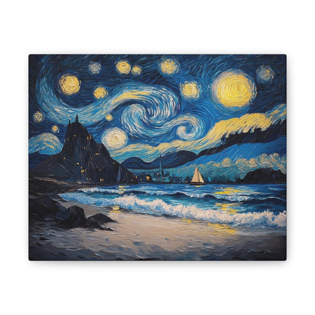 Van Gogh Starry Night Moon Lit Night Canvas Print Vintage Landscape Art ...