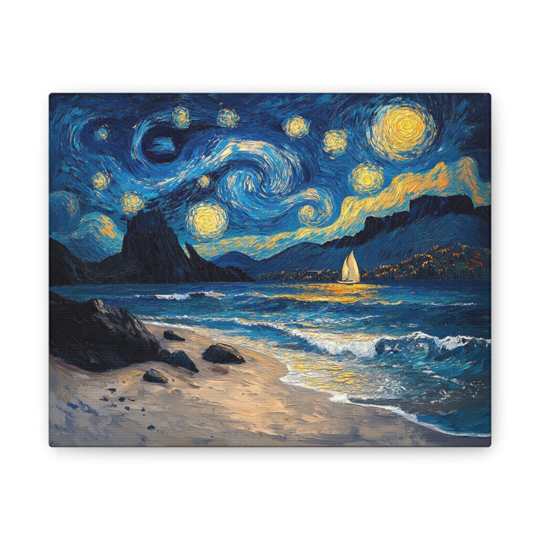 Van Gogh Starry Night Moon Lit Night Canvas Print Vintage Landscape Art ...