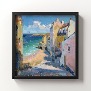Coastal Town Painting - Seaside Villa Wall Art, Shoreline Nature Decor ...