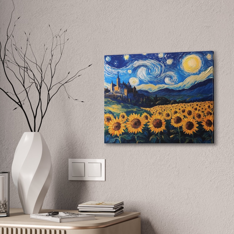 Van Gogh Starry Night Sunflower Field Canvas Print - Etsy