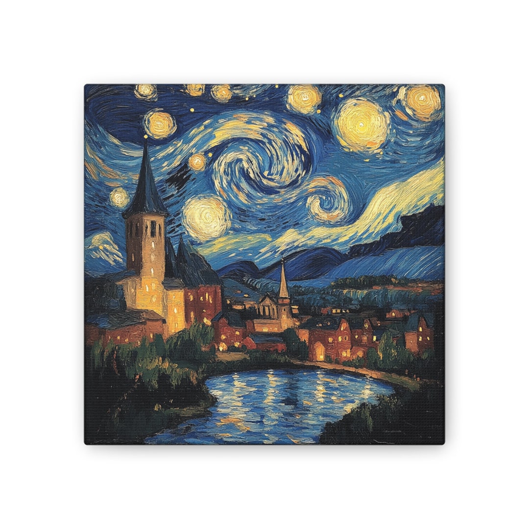 Van Gogh Starry Night Style Canvas Print: Vintage Moonlight Landscape ...