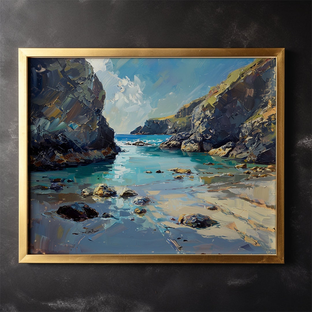 Coastal Beach Cove Art Print | Beautiful Shoreline Oil Painting Wall ...