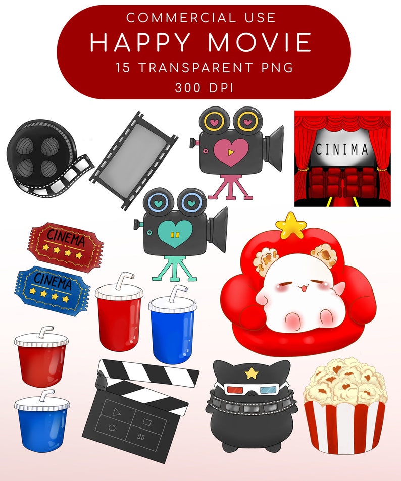 Movie Clipart, Watercolor Cinema Clipart, Summer Clip Art, Film ...