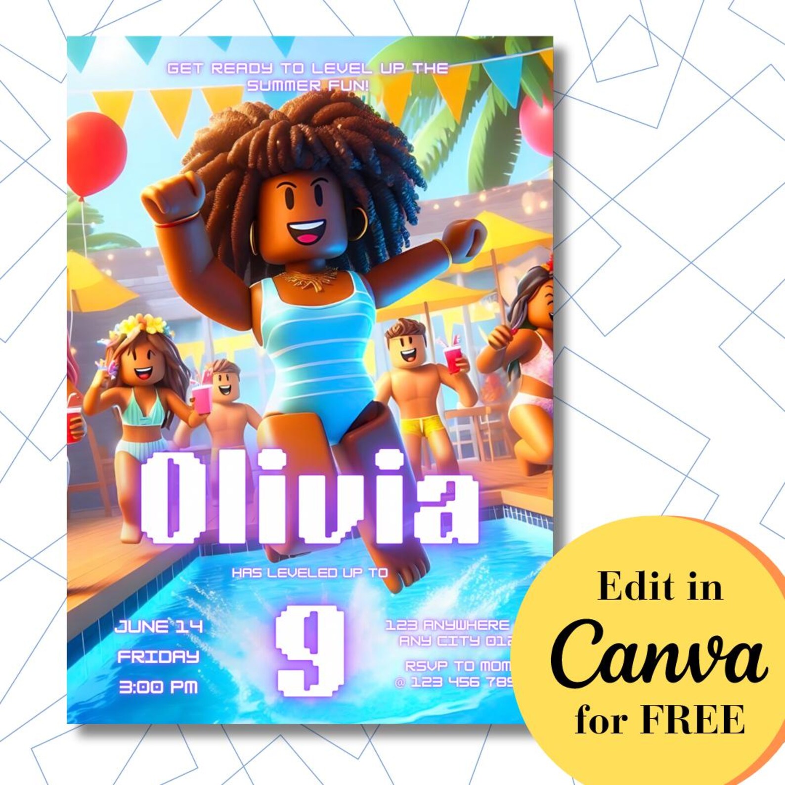 Roblox Pool Party Birthday Invitation Gamer Party Invite Roblox Girl ...