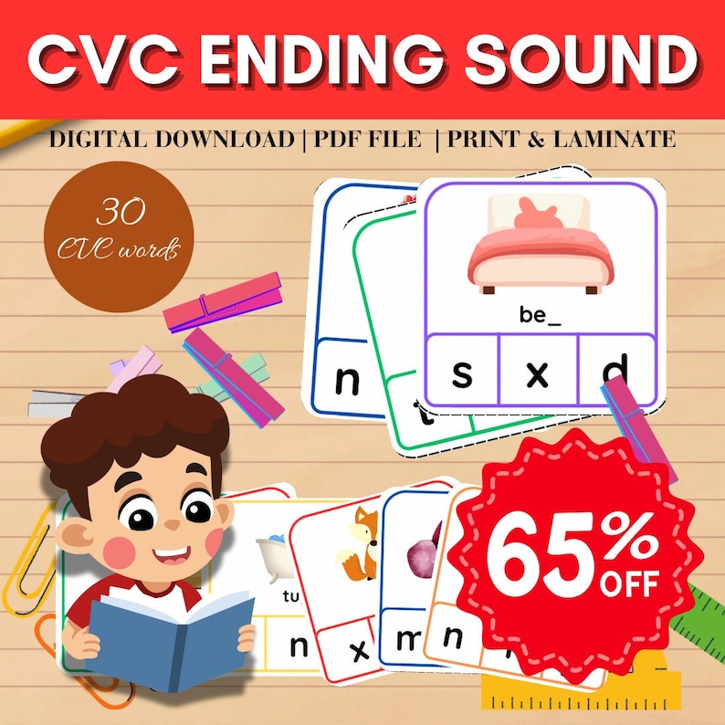 CVC Ending Sounds Clip Card Montessori Reading Phonics Card for ...