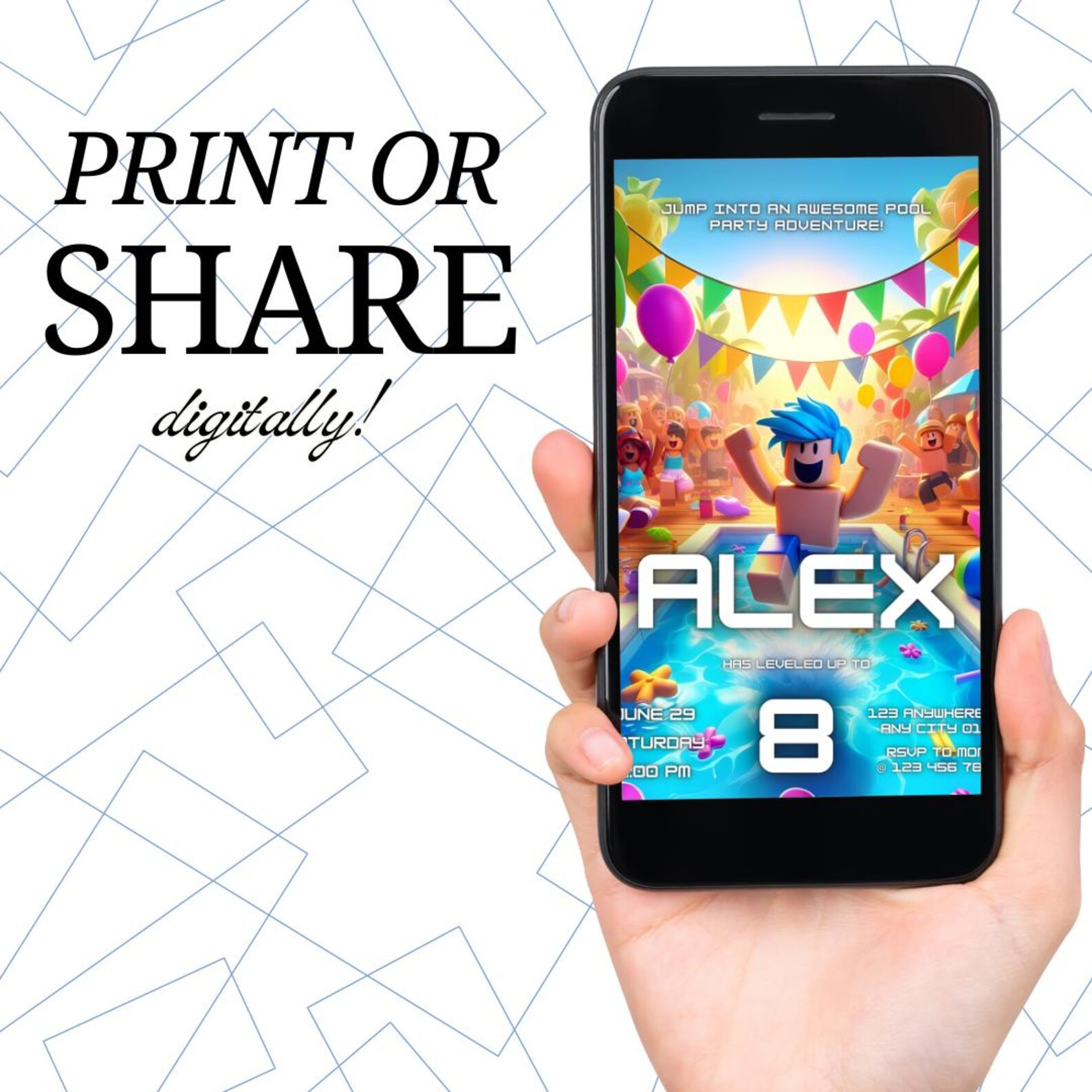 Roblox Pool Party Birthday Invitation Gamer Party Invite Roblox Boy ...