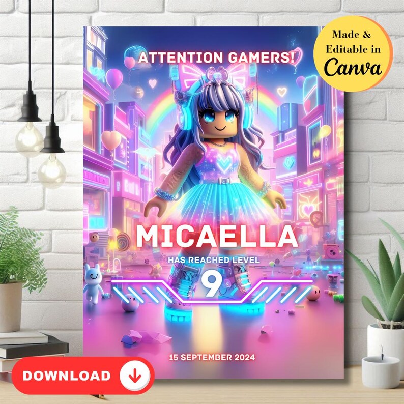 Birthday Party Sign Roblox Girl Editable Welcome Sign Canva Roblox ...