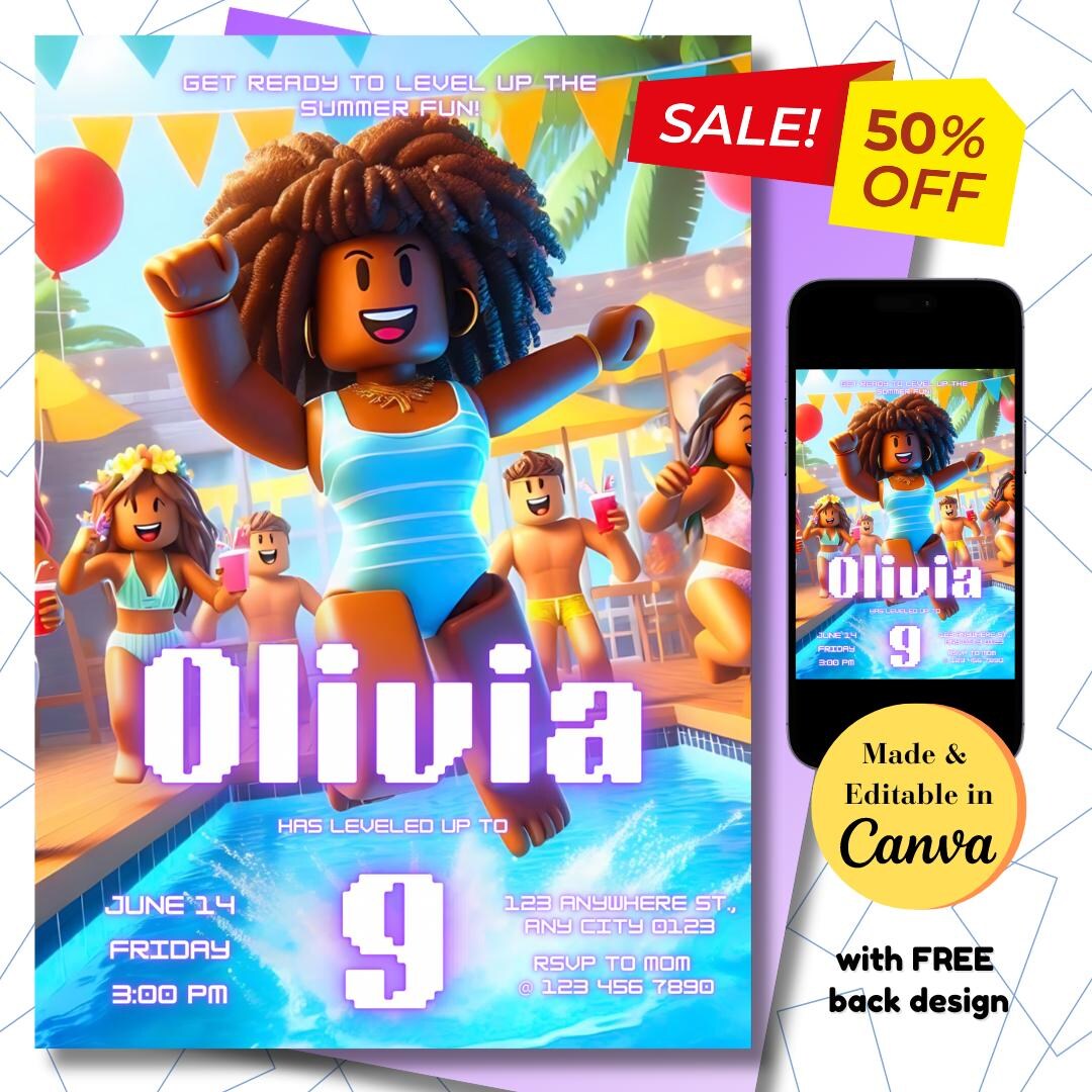 Roblox Pool Party Birthday Invitation Gamer Party Invite Roblox Girl ...