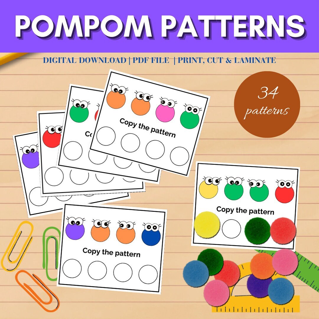 Pom Pattern Cards Montessori Toys for Kids Learning Activity Homeschool ...