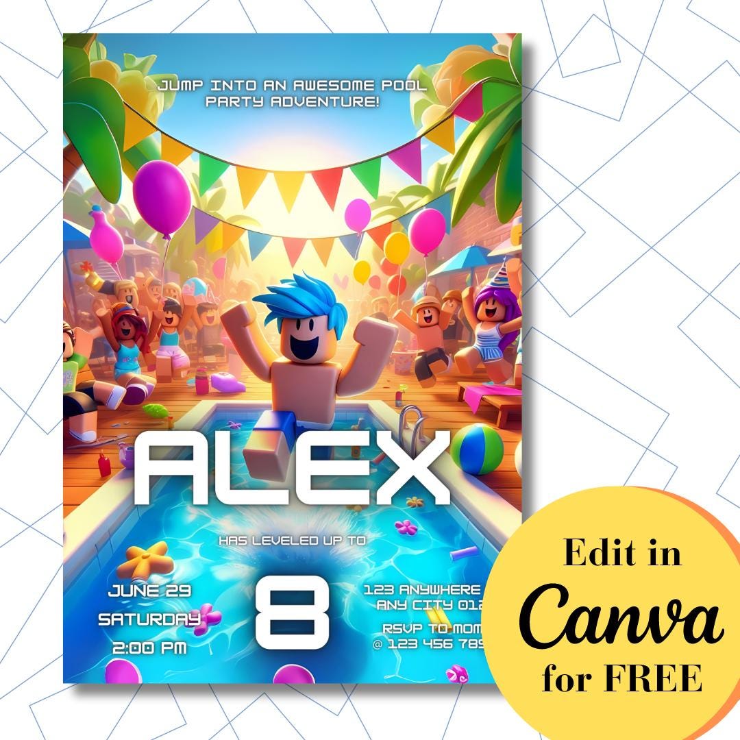 Roblox Pool Party Birthday Invitation Gamer Party Invite Roblox Boy ...