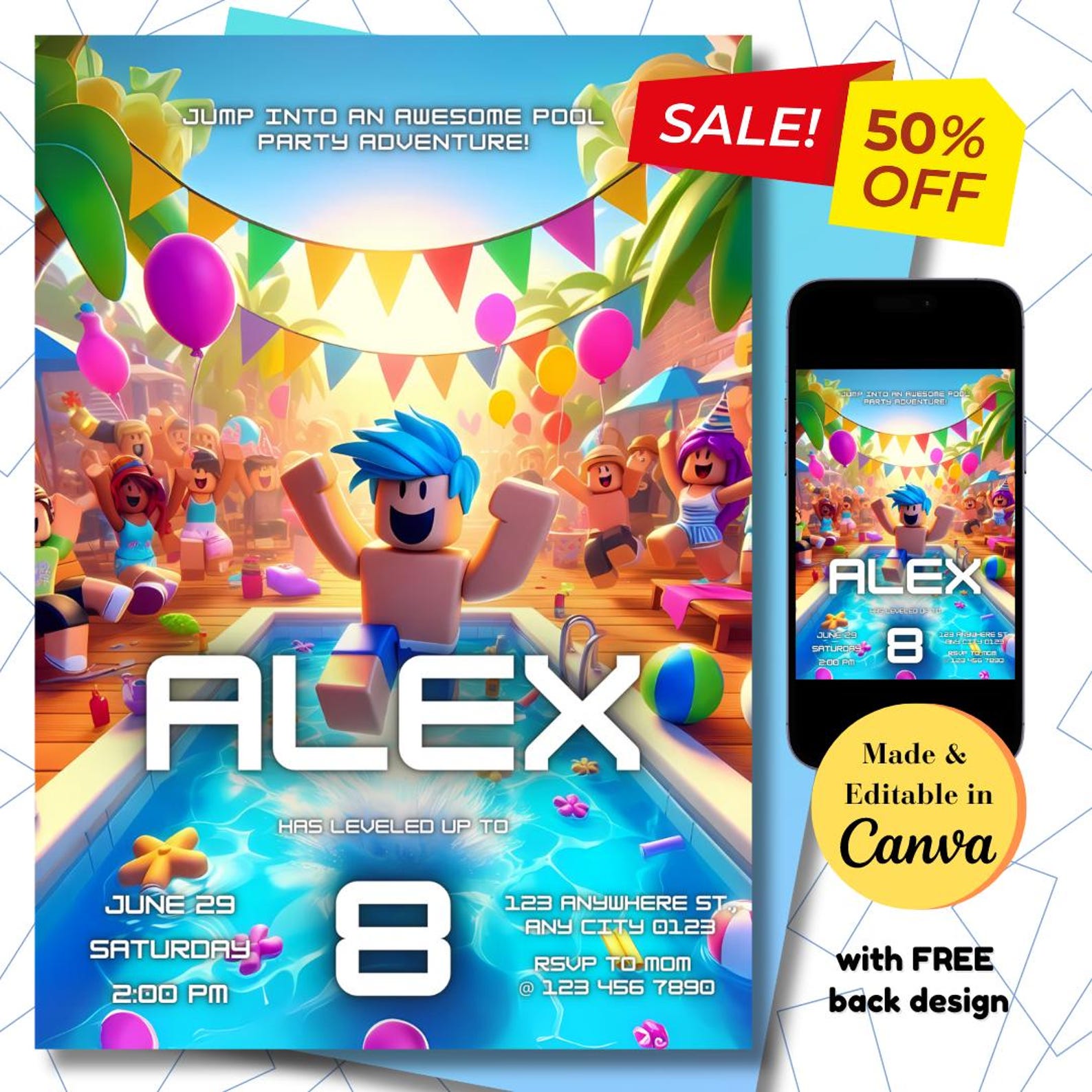 Roblox Pool Party Birthday Invitation Gamer Party Invite Roblox Boy ...