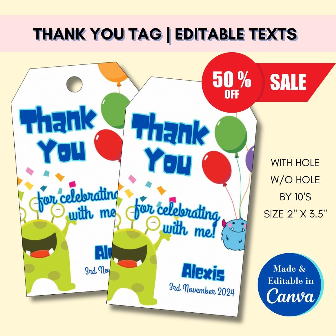 Monster Thank You Tags Monster Gift Tags Birthday Tag Monster Tag ...