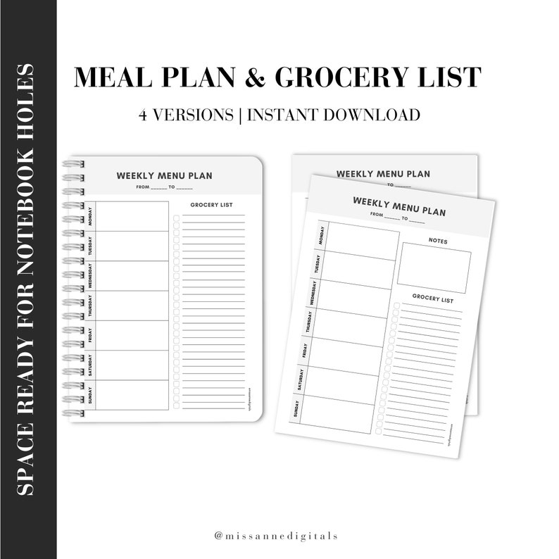 Weekly Meal Plan With Grocery List Template in 4 Versions Instant ...