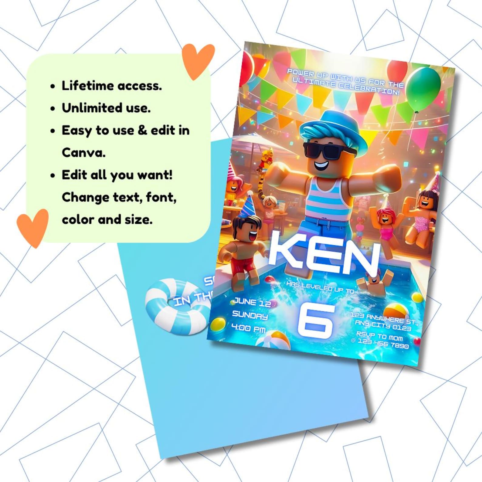 Roblox Pool Party Birthday Invitation Gamer Party Invite Roblox Boy ...