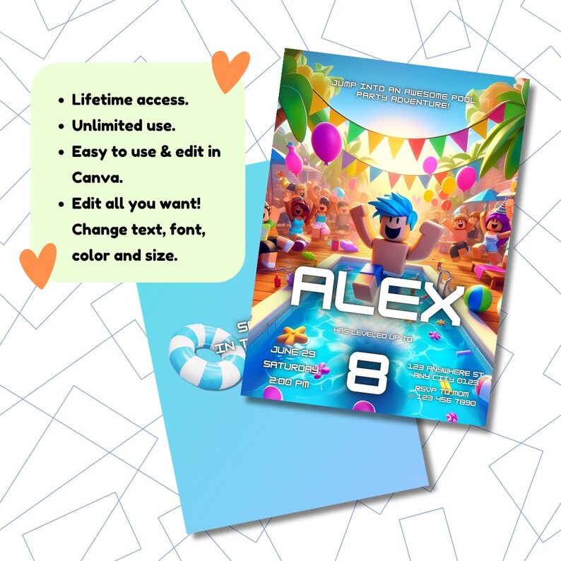 Roblox Pool Party Birthday Invitation Gamer Party Invite Roblox Boy ...