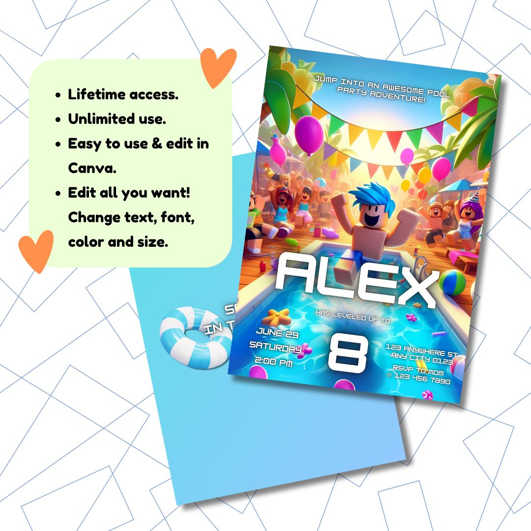 Roblox Pool Party Birthday Invitation Gamer Party Invite Roblox Boy ...