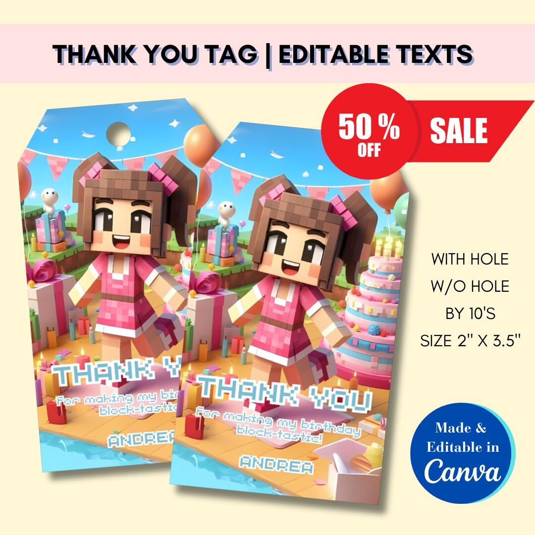 Minecrafter Girl Thank You Tags Gift Tags Birthday Tag Minecrafter Tag ...