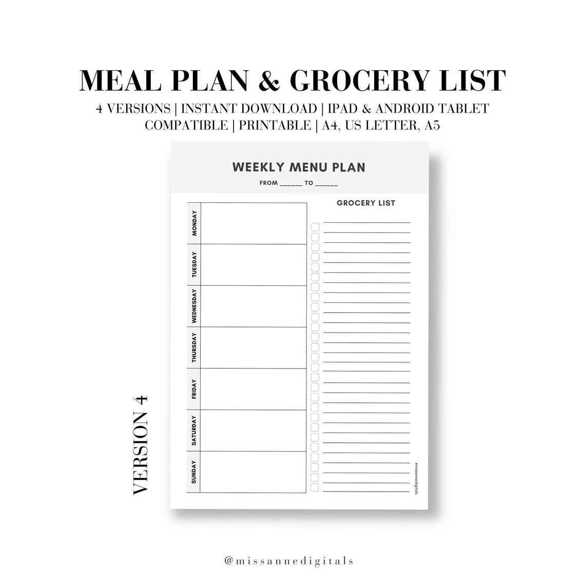 Weekly Meal Plan With Grocery List Template in 4 Versions Instant ...