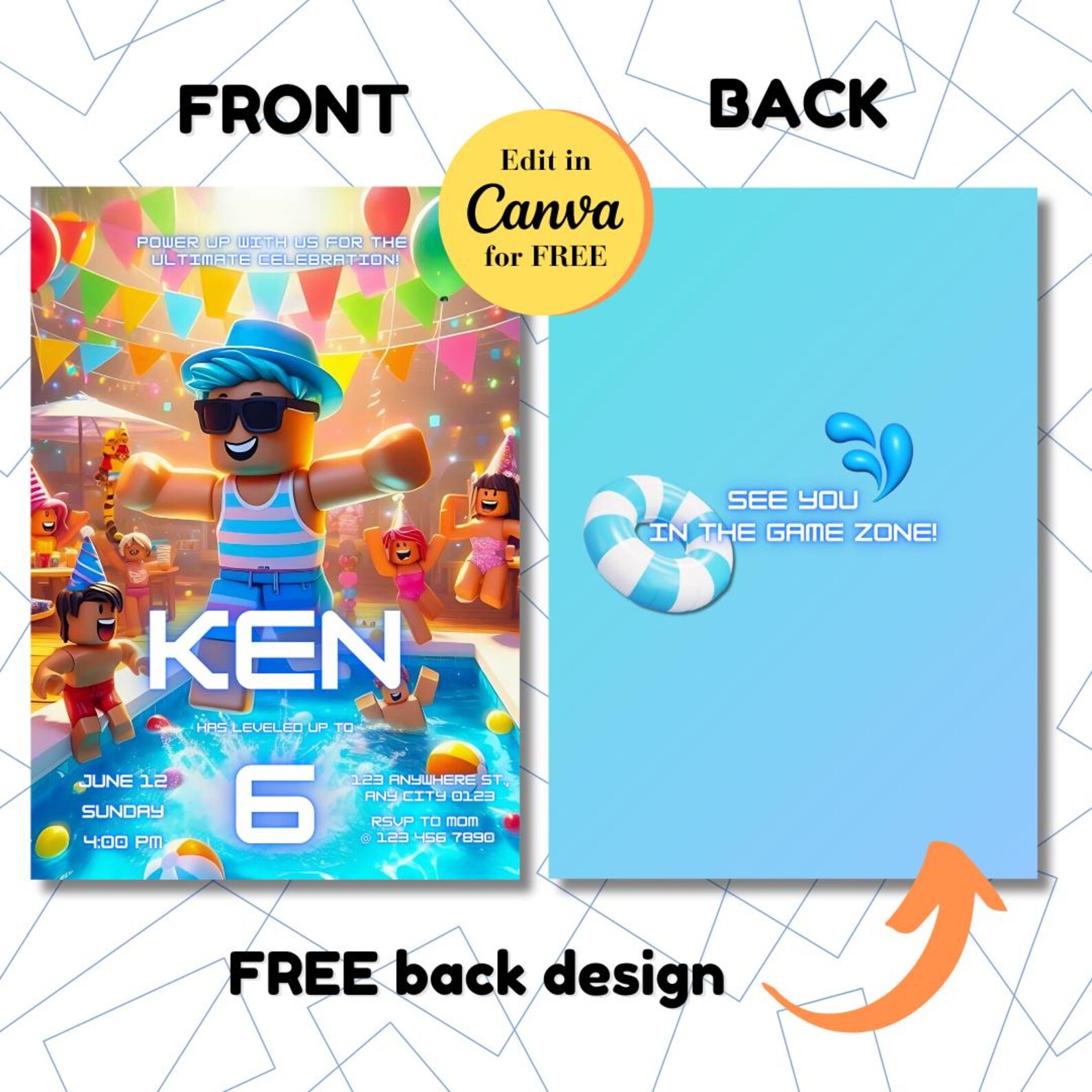 Roblox Pool Party Birthday Invitation Gamer Party Invite Roblox Boy ...