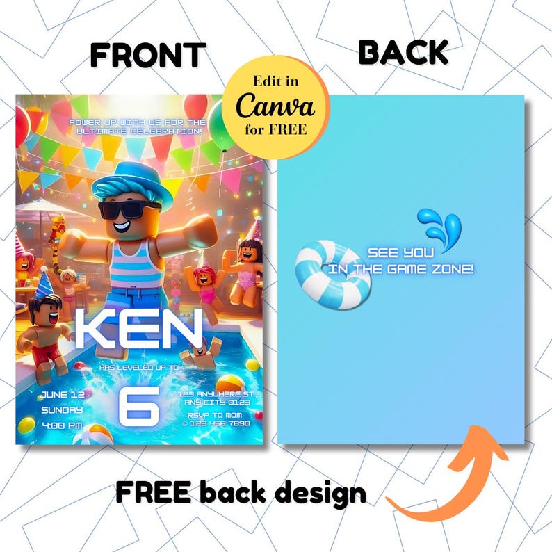 Roblox Pool Party Birthday Invitation Gamer Party Invite Roblox Boy ...