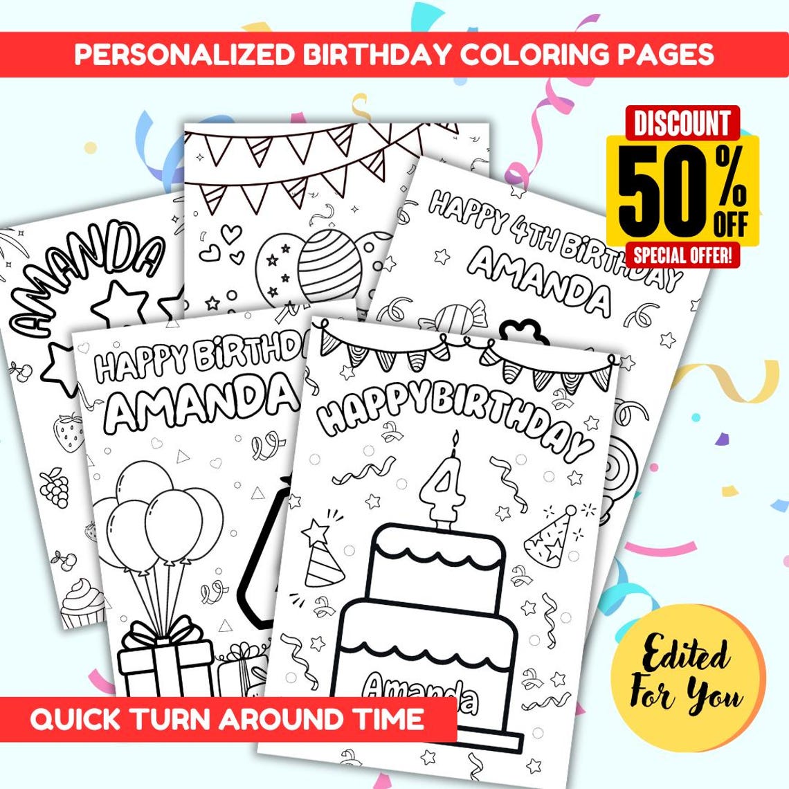 Customizable Birthday Coloring Pages for Kids Birthday Party Coloring ...