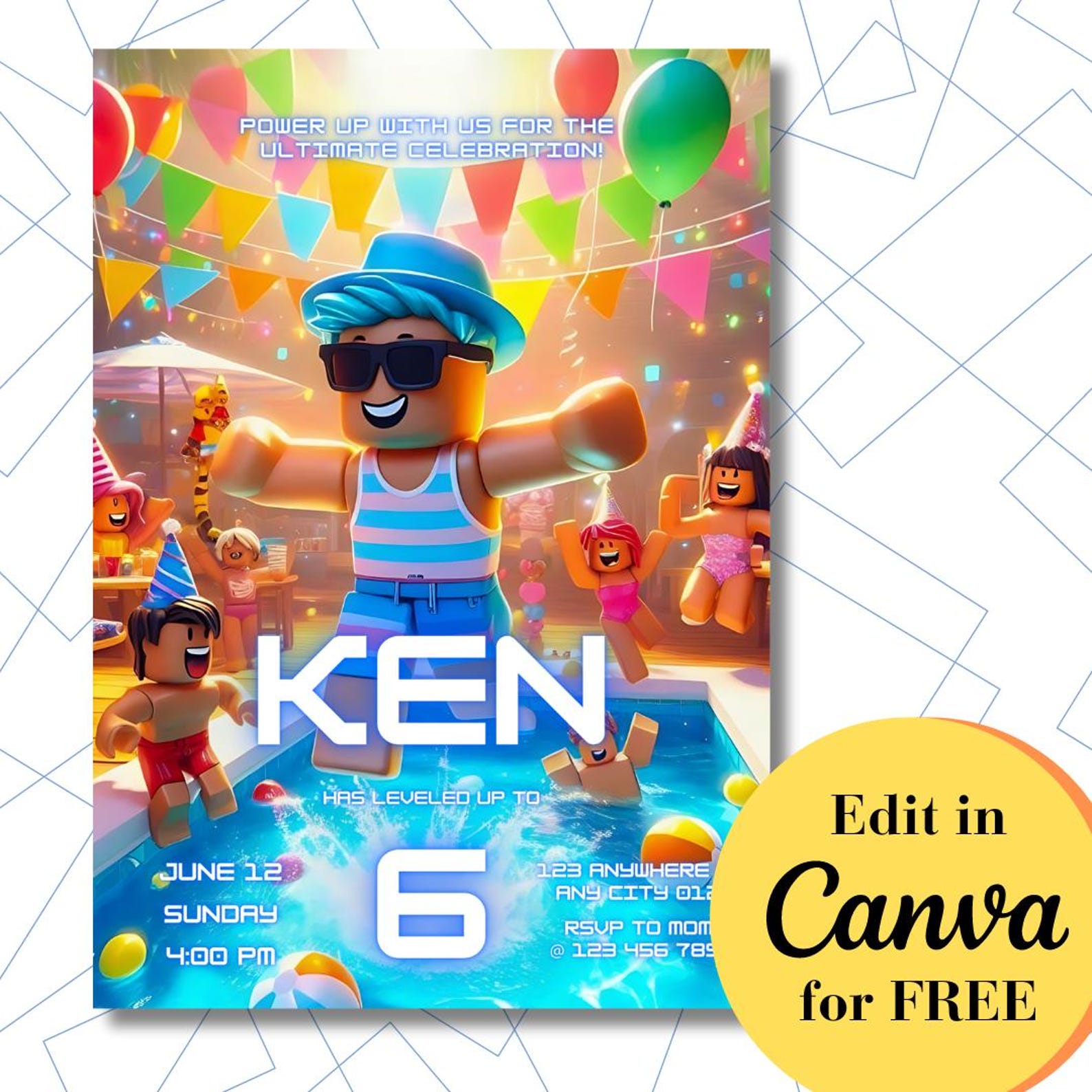 Roblox Pool Party Birthday Invitation Gamer Party Invite Roblox Boy ...