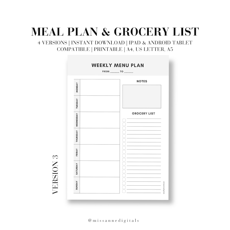 Weekly Meal Plan With Grocery List Template in 4 Versions Instant ...