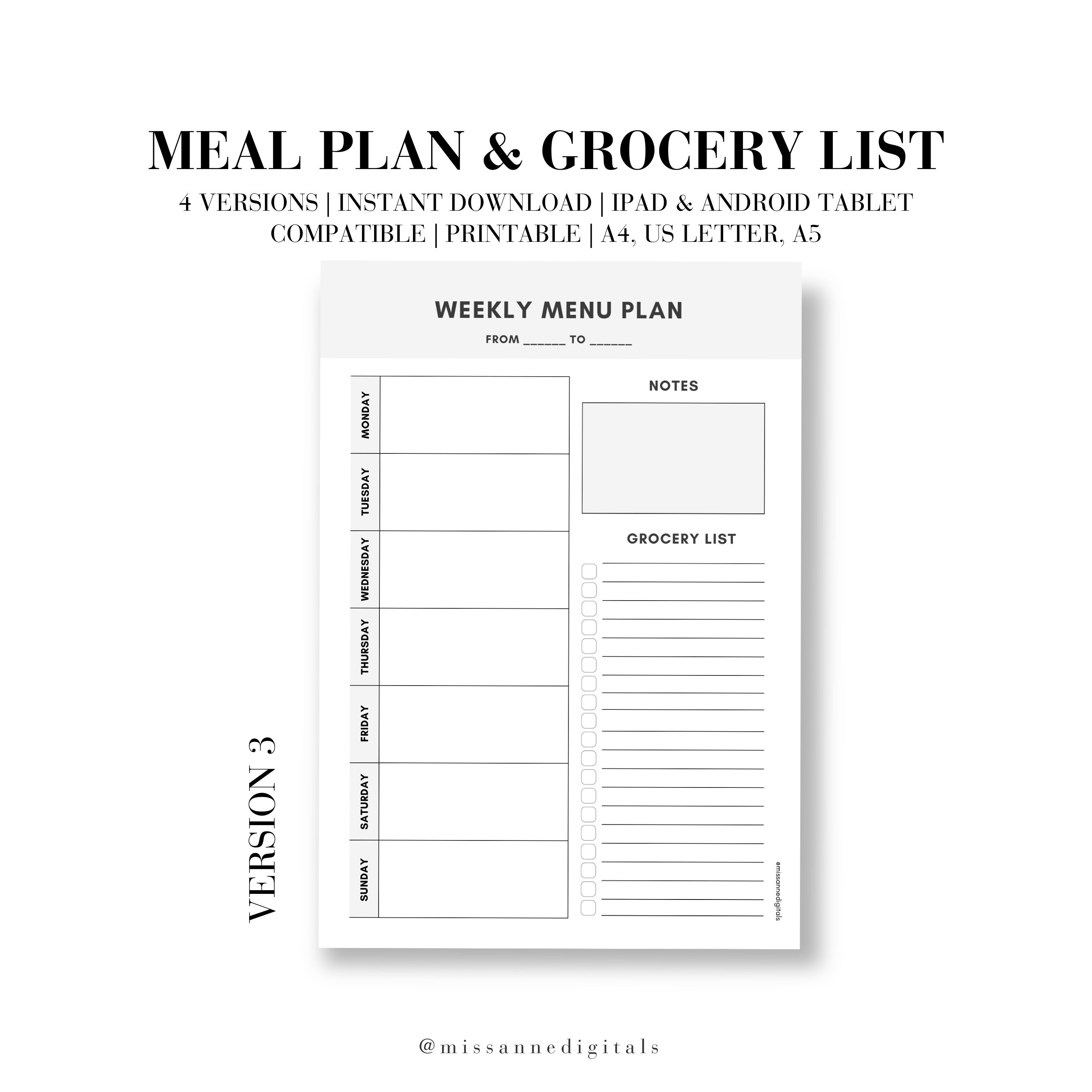 Weekly Meal Plan With Grocery List Template in 4 Versions Instant ...