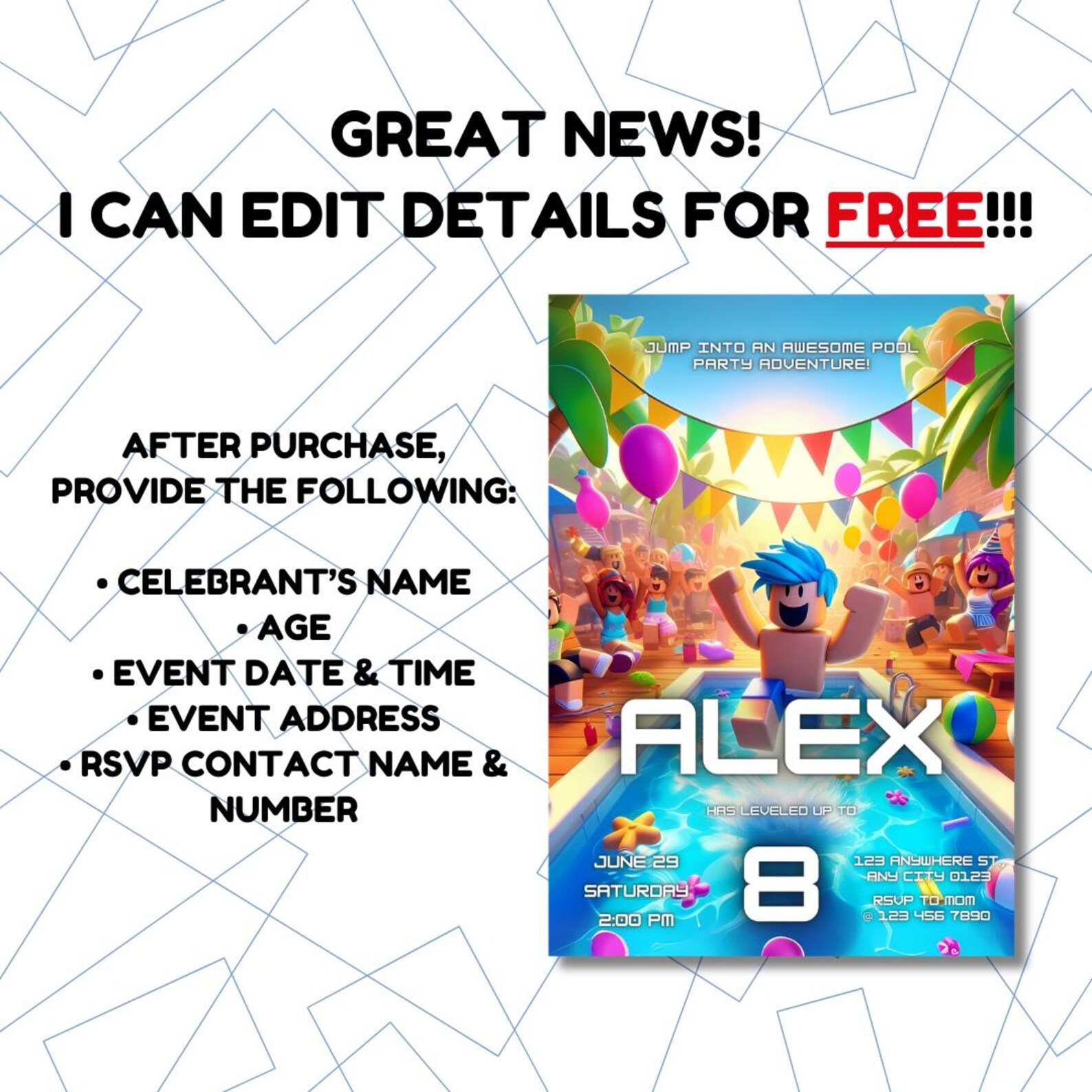 Roblox Pool Party Birthday Invitation Gamer Party Invite Roblox Boy ...