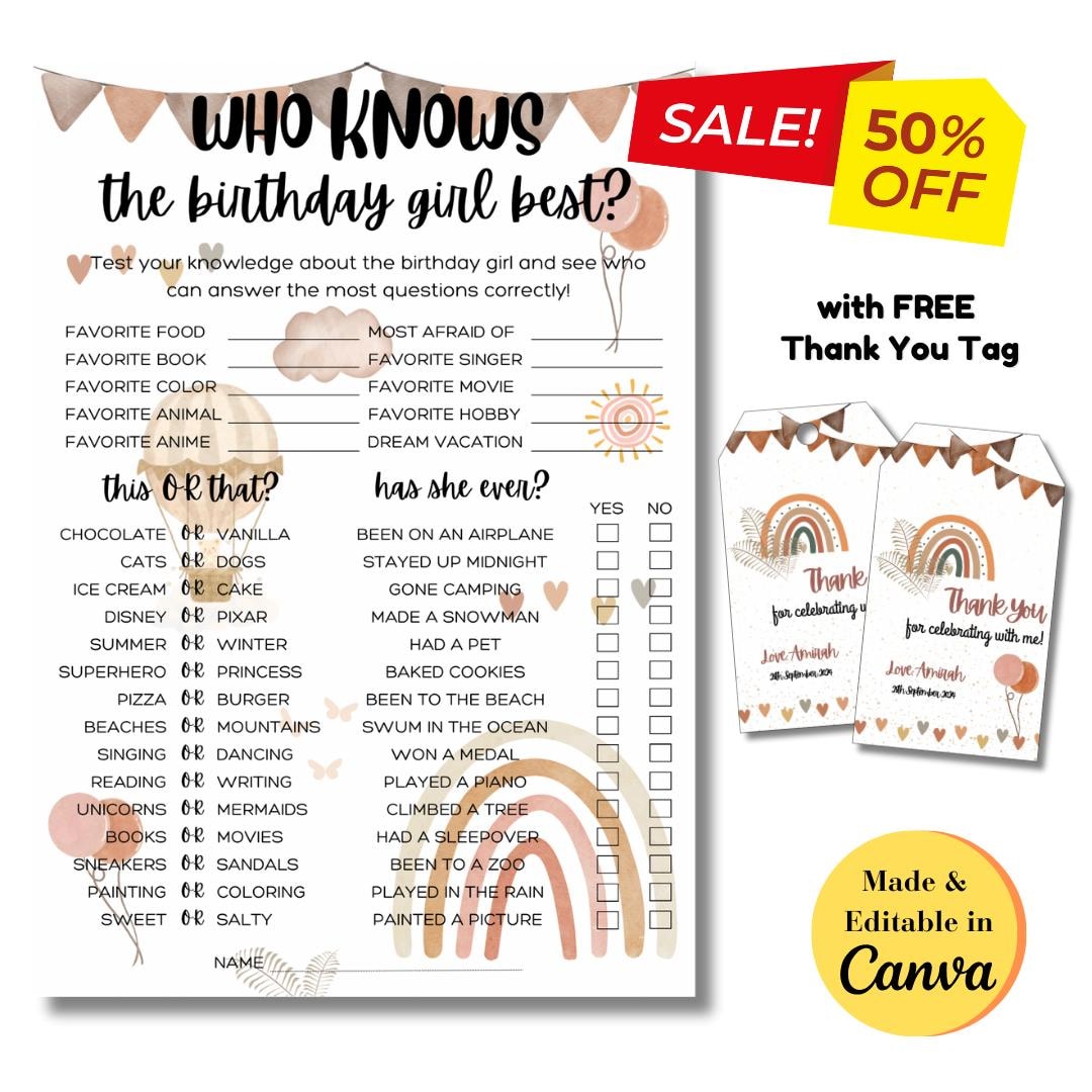 Who Knows the Birthday Girl Best Birthday Activity Birthday Party Game ...