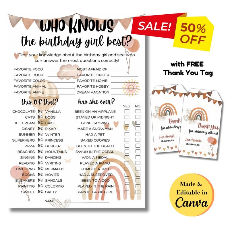 Who Knows the Birthday Girl Best Birthday Activity Birthday Party Game ...